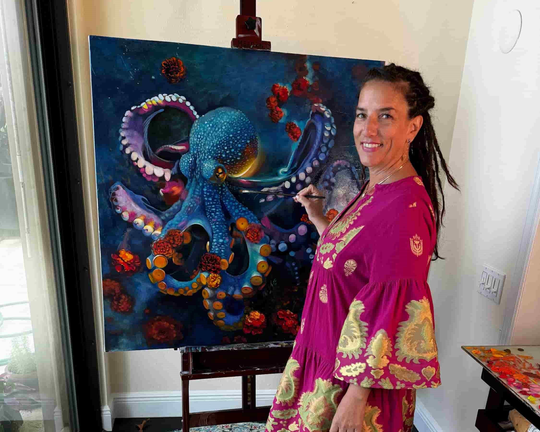 Octopus Woman Paintings Woman Holding Octopus, Acrylic Art Painting By